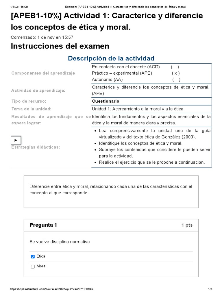 ETICA. M.10-10. Examen - (APEB1-10%) Actividad 1 - Caracterice y Diferencie Los Conceptos de ...