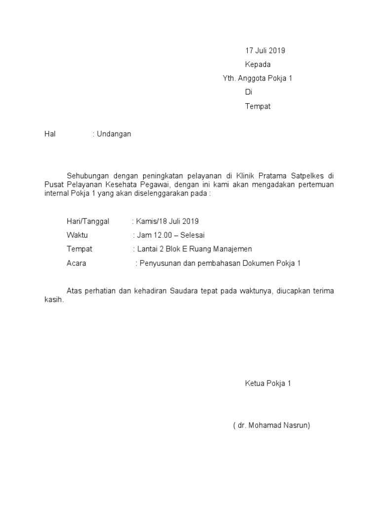 Undangan Rapat Internal Pokja 1 | PDF