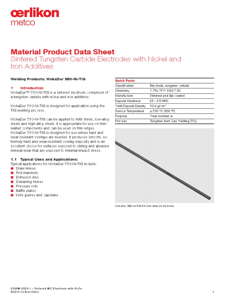 Welding Consumable DSMW-0024.1 - WokaDur - S80-Ni-TIG - Electrode | PDF | Construction | Welding