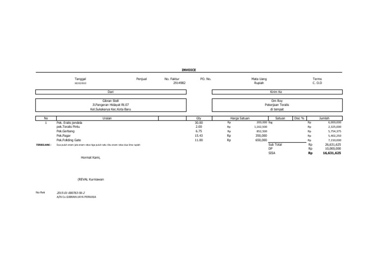 Invoice Pekerjaan Teralis Rp26,631,625 | PDF