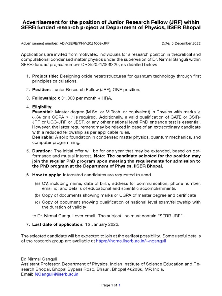 Advertisement For The Position of Junior Research Fellow (JRF) Within ...