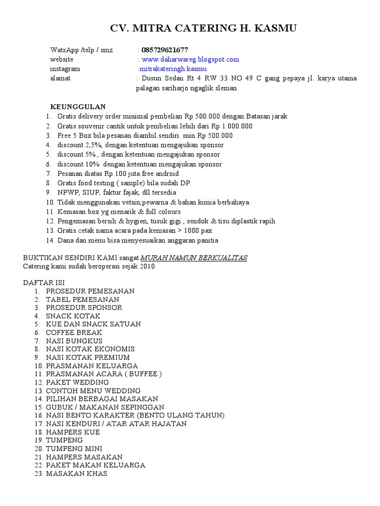 Daftar Harga Mitra Catering H. Kasmu 2022-2023 | PDF