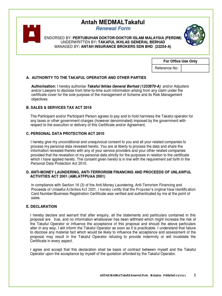 MedMal Takaful Renewal Form Malaysia | PDF | Informed Consent | Sole ...