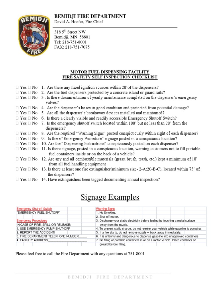 Gas Station Self Inspection Checklist With Signage | PDF | Fires | Vehicles