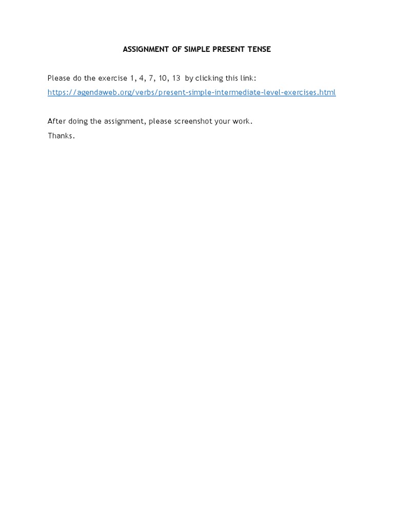 Simple Present Tense Assignment Exercises 1, 4, 7, 10, 13 | PDF