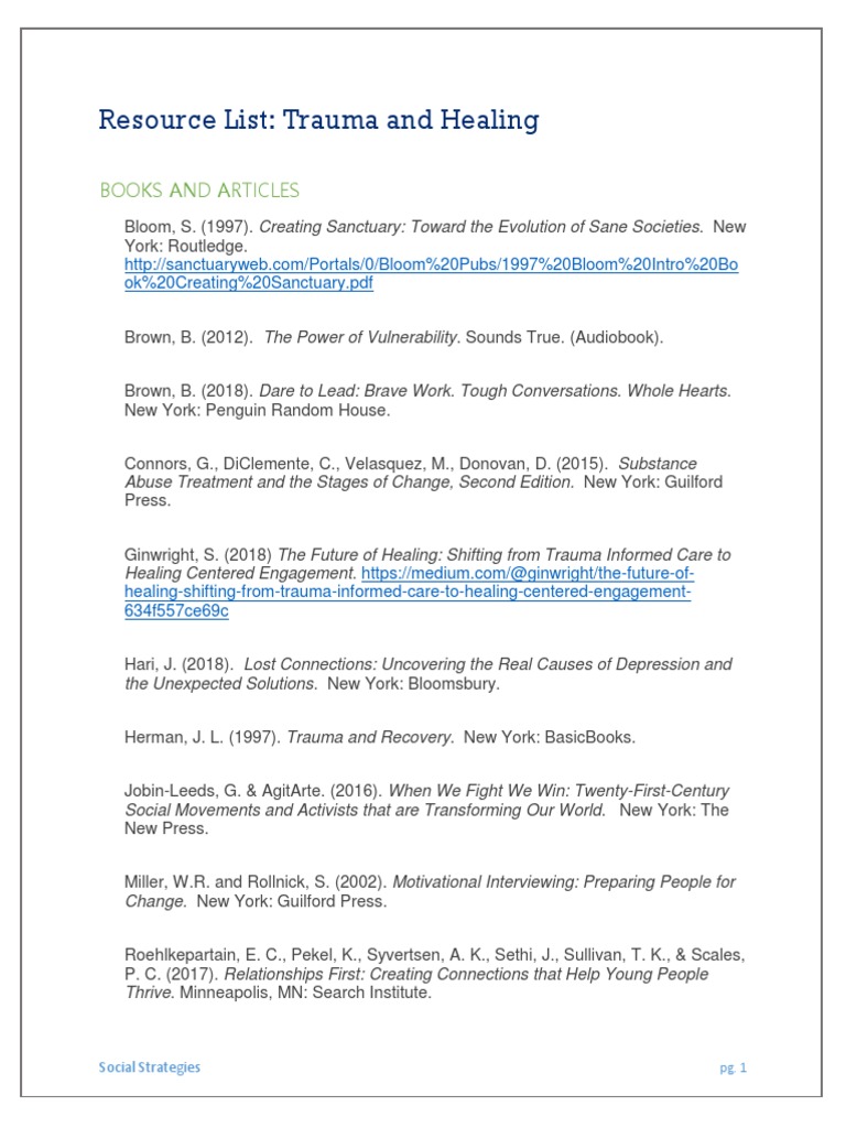 Trauma and Healing Resrouce List | PDF | Psychological Trauma ...