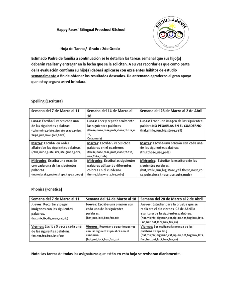 Cuadro de Tarea Todo Marzooooo | PDF