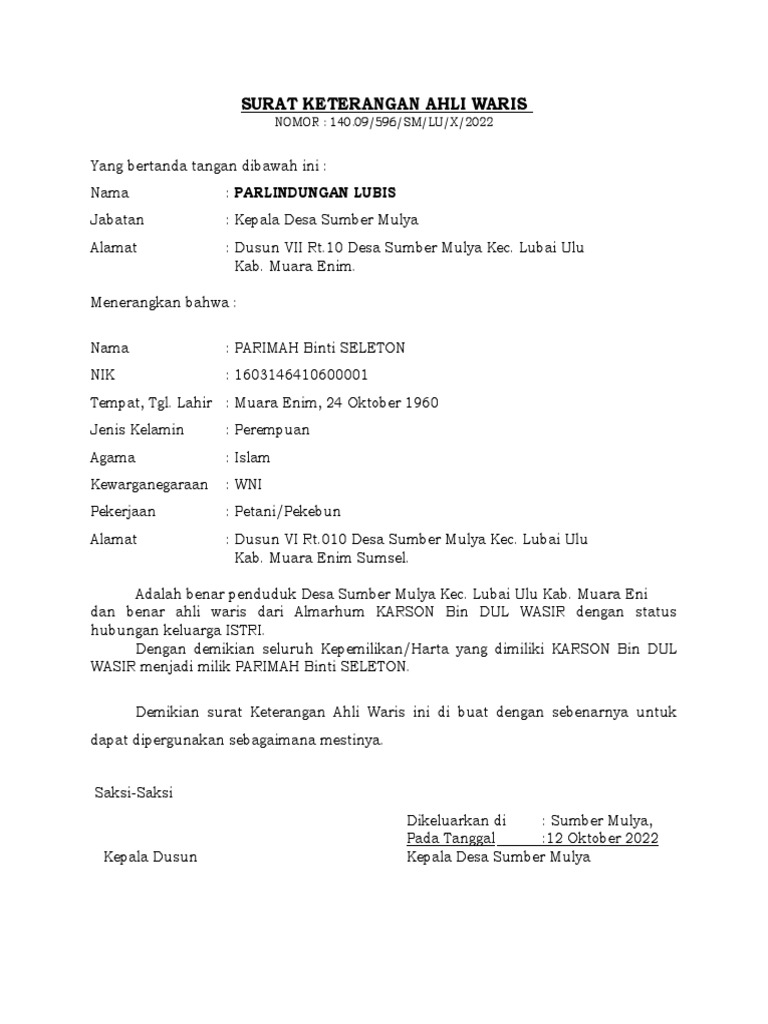 Surat Keterangan Ahli Waris | PDF