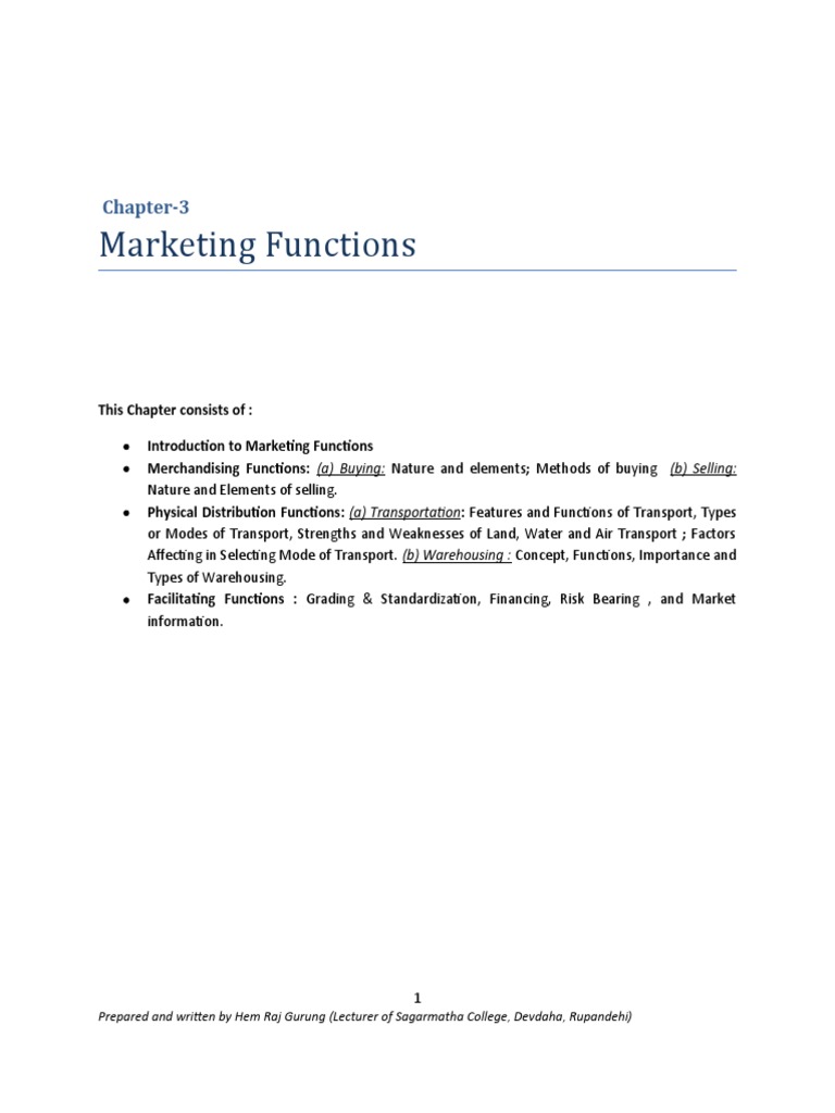 Chapter-3 Marketing Functions | PDF | Sales | Transport