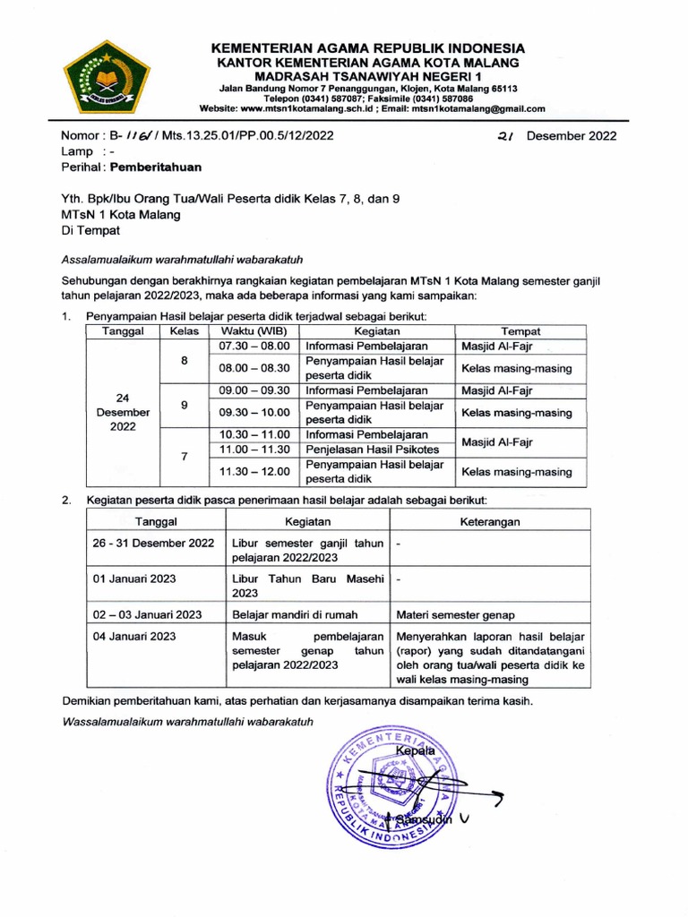 Edaran Penerimaan Rapor Dan Libur Semester Ganjil 22 - 23 | PDF