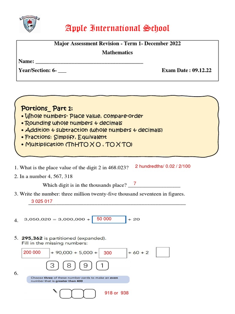 Yr6 - Math - MA1 - Revision-Term 1-Part 1 | Download Free PDF | Numbers ...