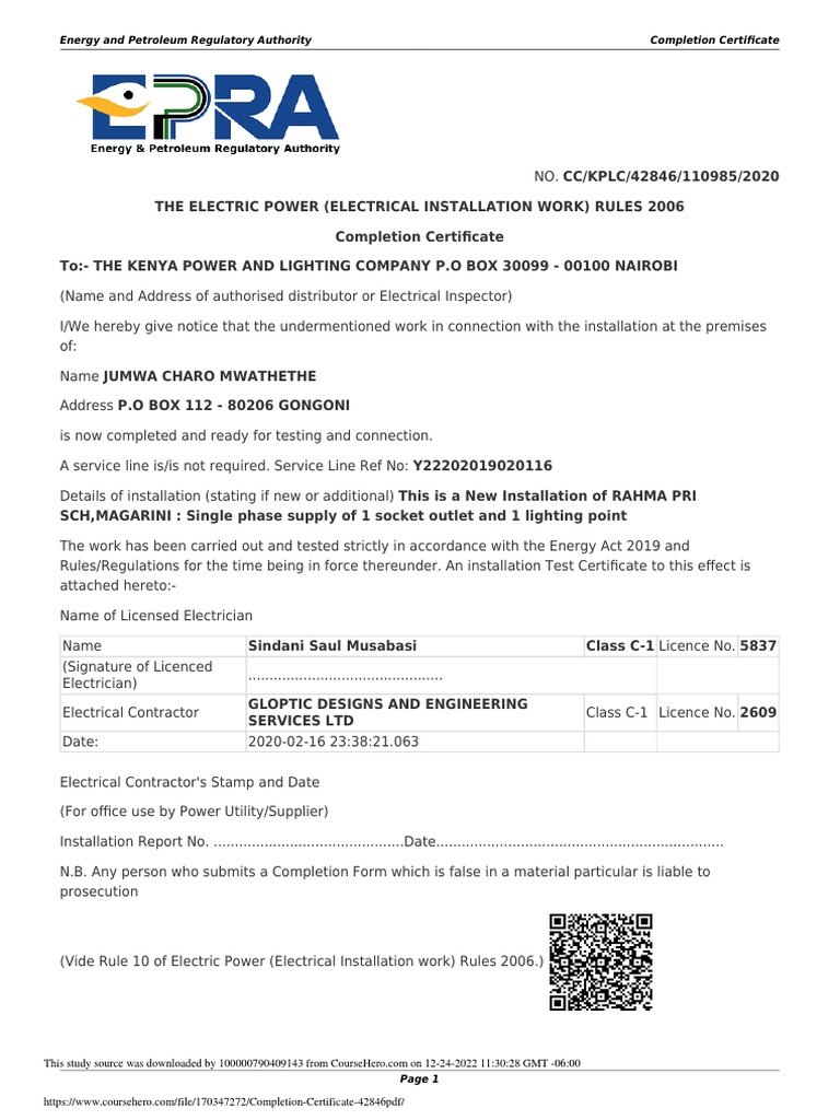 Electrical Installation Completion Certificate | PDF | Electrician ...