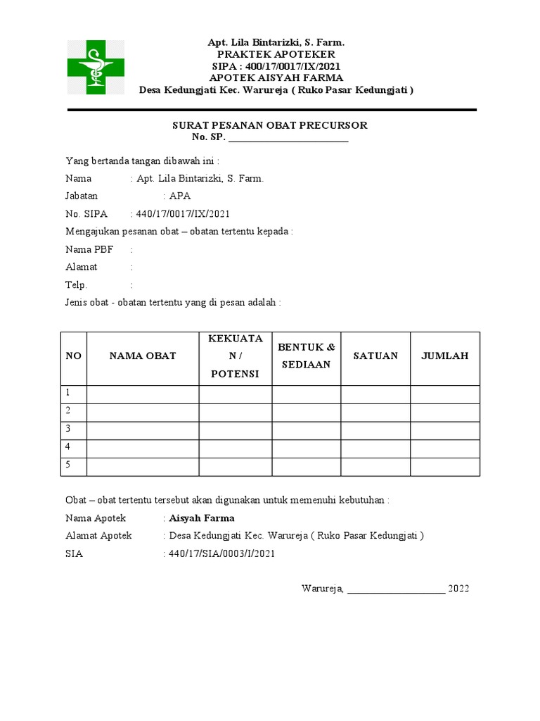 Surat Pesanan Obat Apotek Aisyah | PDF