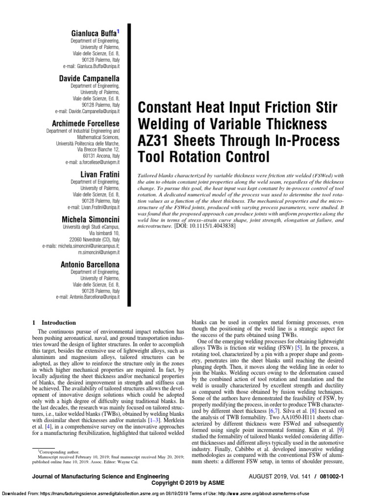 Constant Heat Input Friction Stir Welding of Variable Thickness AZ31 ...