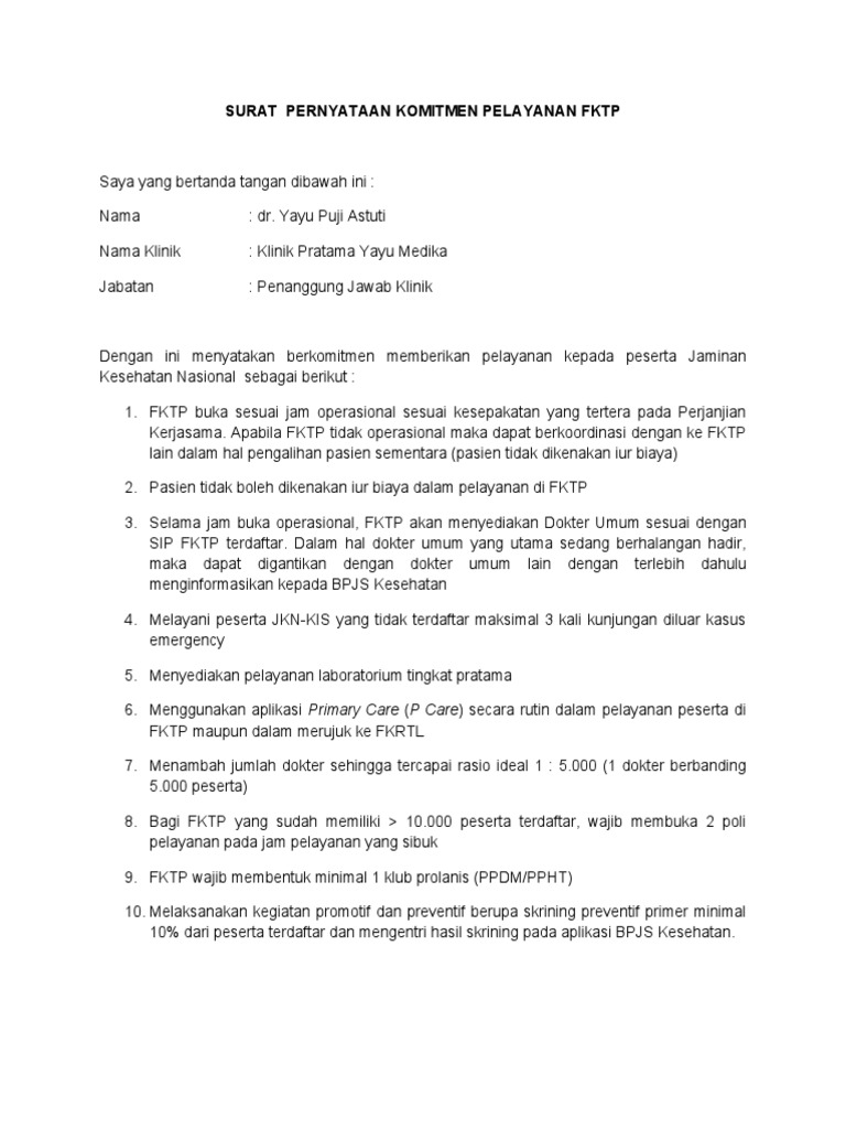 Surat Pernyataan Komitmen Pelayanan FKTP | PDF