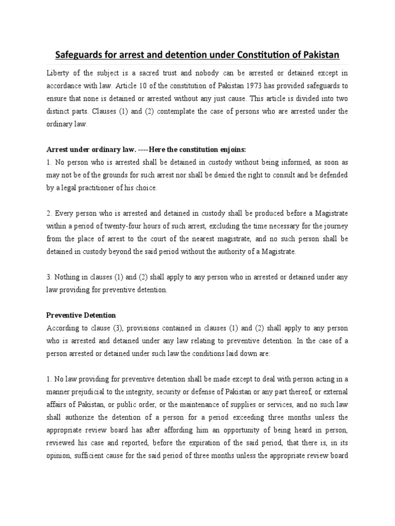 Safeguards For Arrest and Detention Under Constitution of Pakistan ...