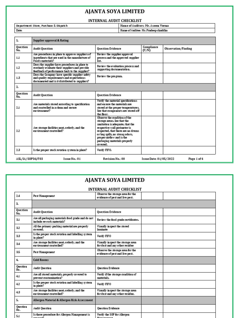 Internal Audit Checklist STORE, PURCHASE - DISPATCH | PDF | Audit ...