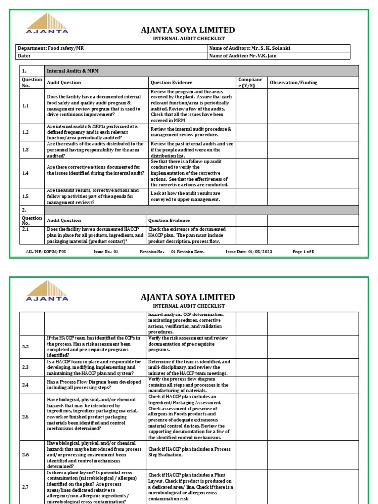Internal Audit Checklist Food Safety-MR | Download Free PDF | Audit ...