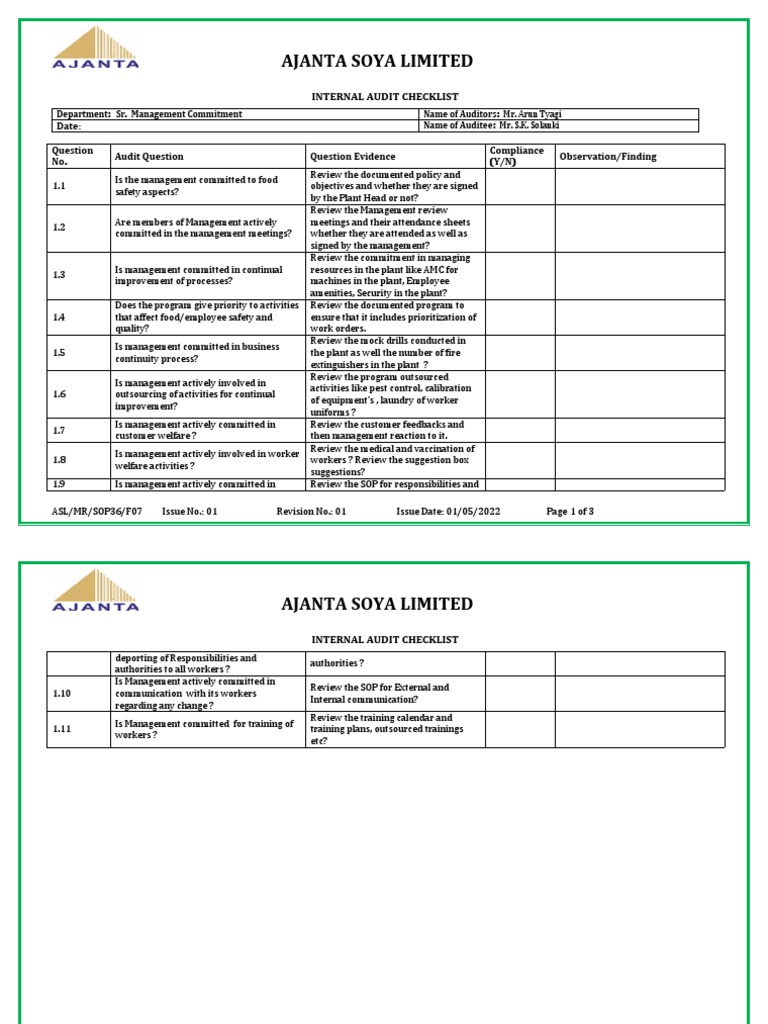 Internal Audit Checklist Sr. Mangement Commitment | PDF | Audit | Internal Audit