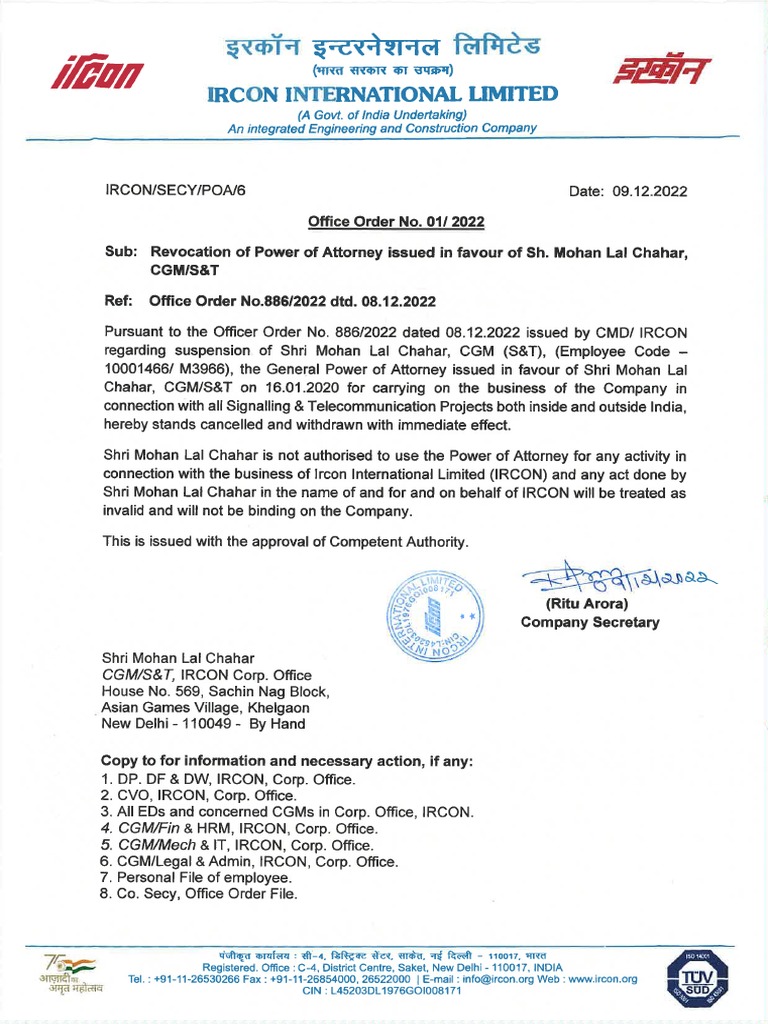 Office Order No.01 of 2022-Revocatio of POA Issued in Favour of Sh ...