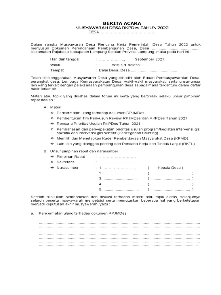 Berita Acara Musdes RKPDes 2021 | PDF