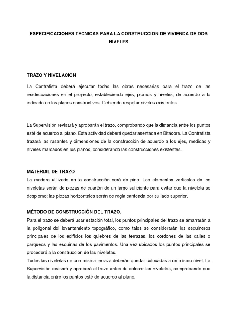 Especificaciones técnicas completas para la construcción de una vivienda de dos niveles | PDF ...