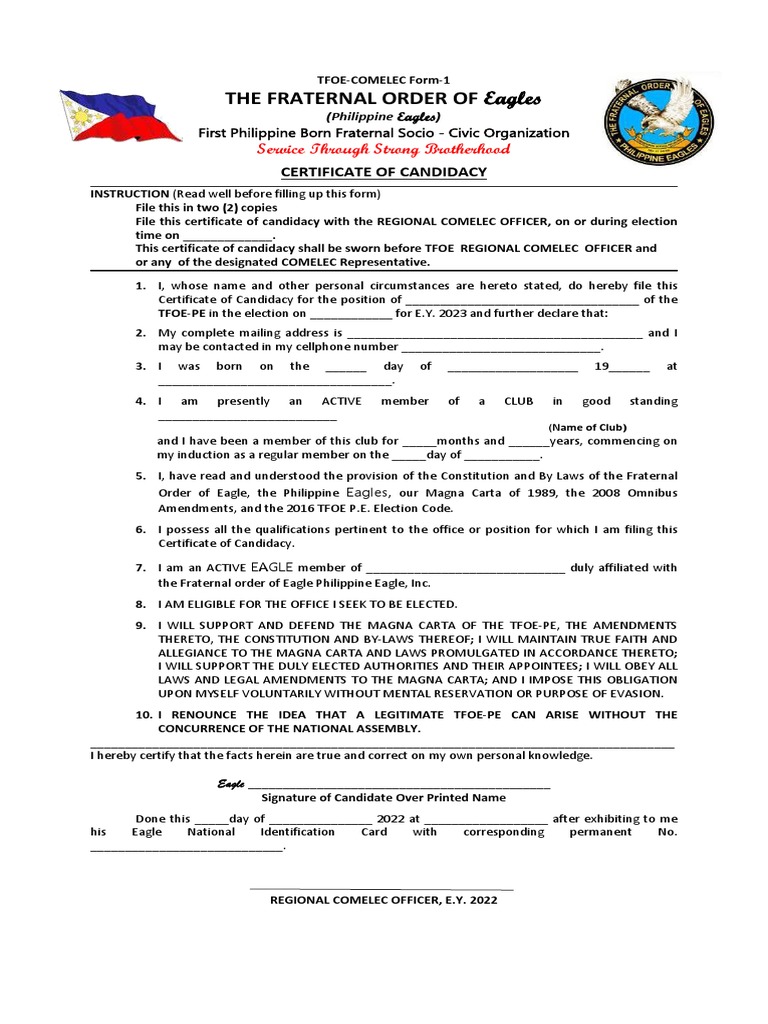 TFOE Certificate of Candidacy Form | PDF | Legal Documents | Social ...