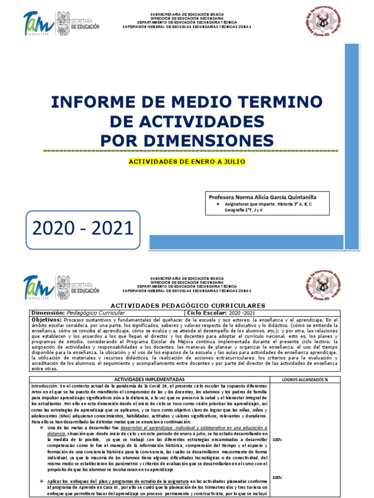 Formato Informe de Medio Termino de Act. Por Dimensiones de Enero A Julio 2021 | PDF | Método de ...