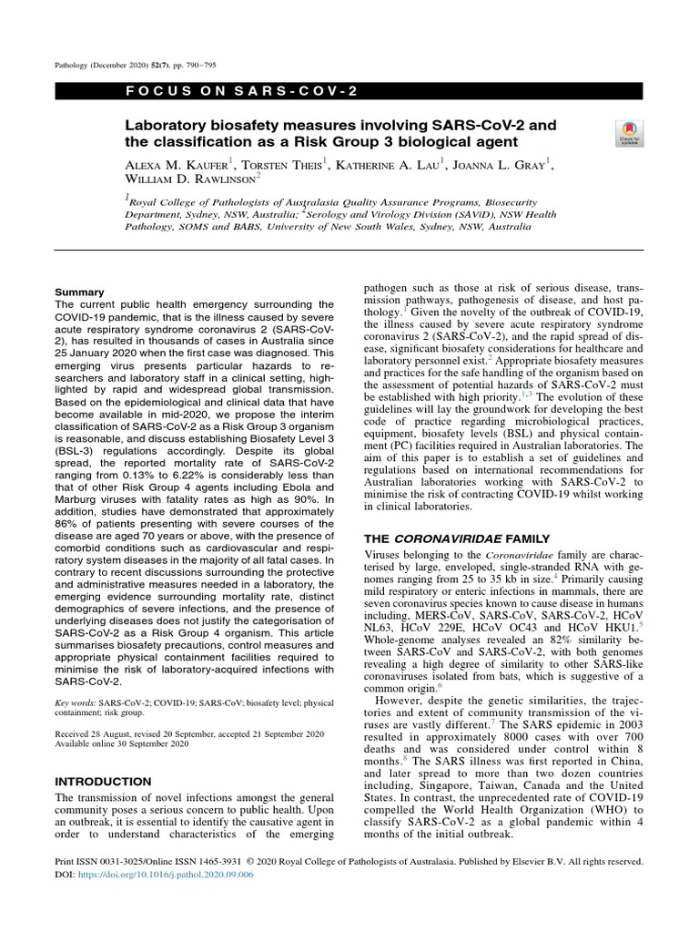 Laboratory Biosafety Measures Involving SARS-CoV-2 and The ...