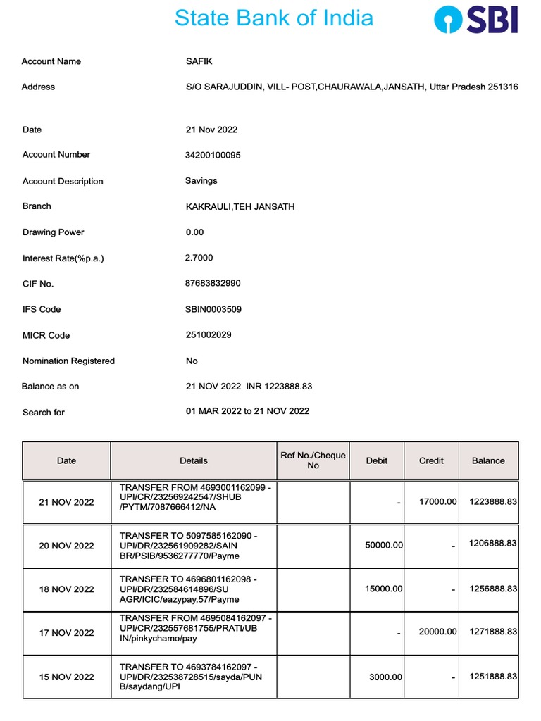 SBI01 MAR 2022 To 21 NOV 2022 | PDF | Payments | Cheque