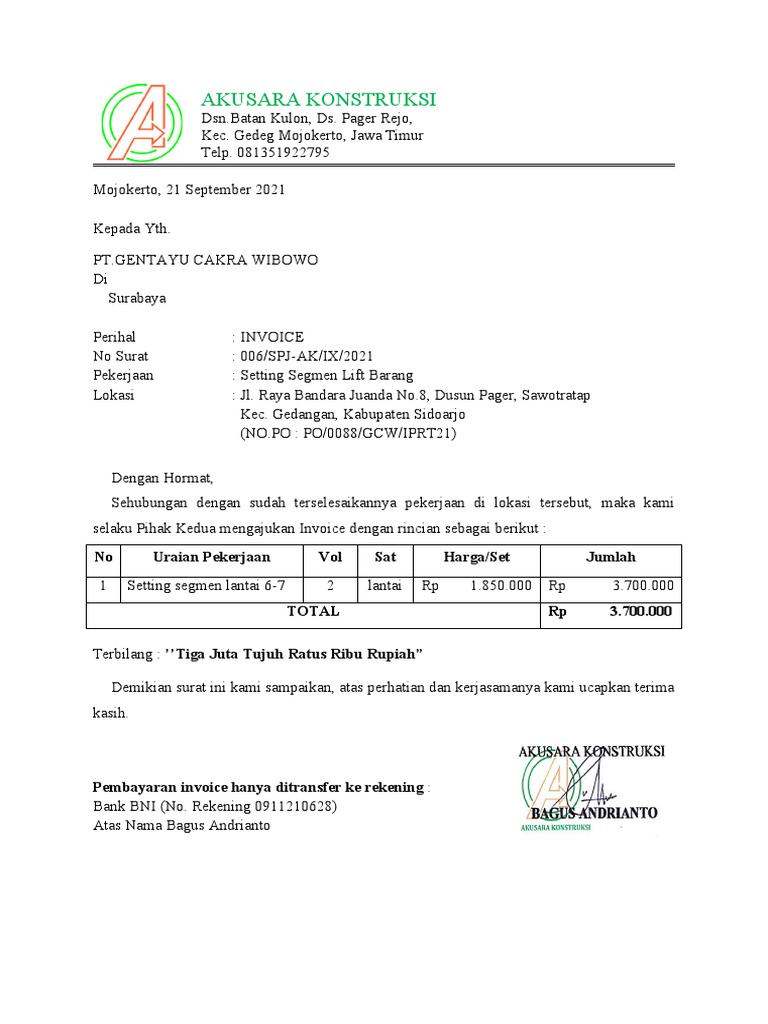 Invoice Pekerjaan Setting Lift Barang | PDF