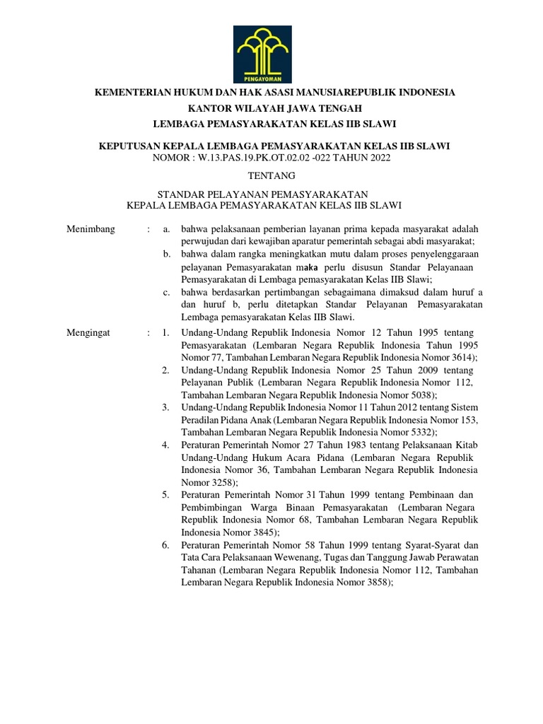 Standar Pelayanan Lapas Slawi 2022 | PDF