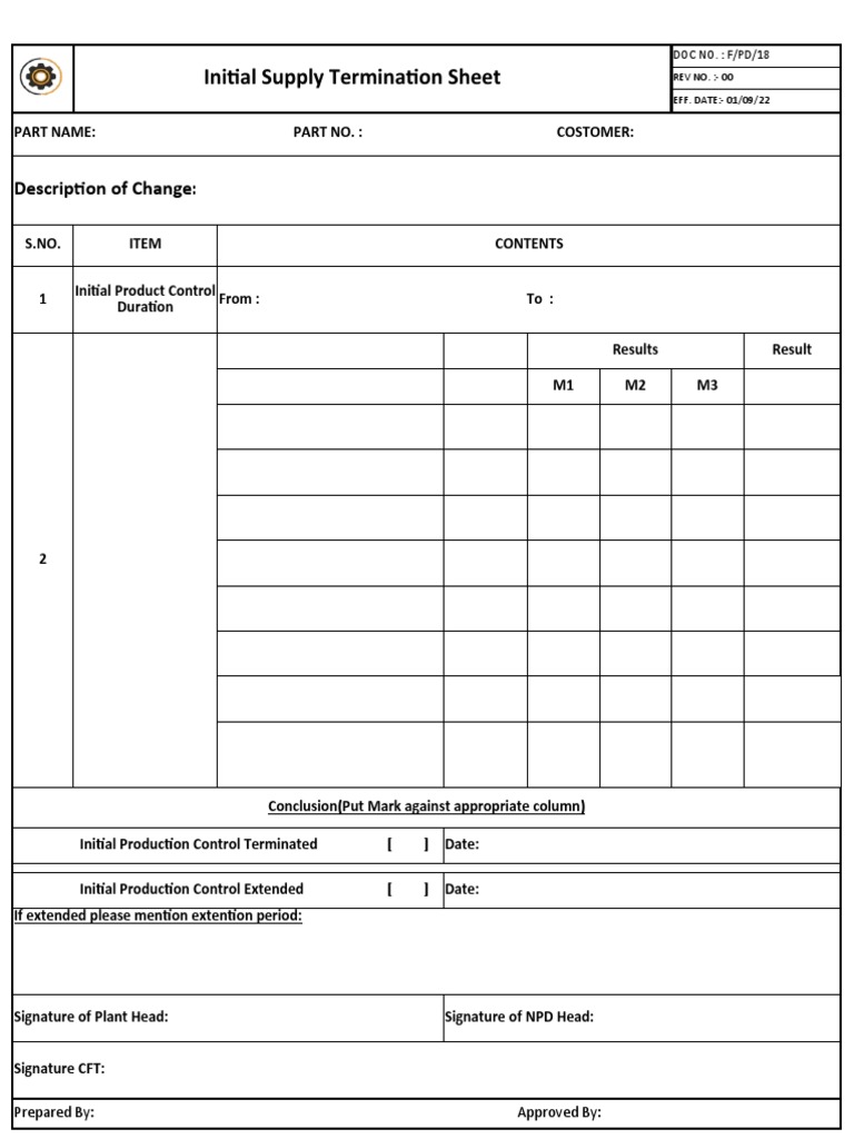 Initial Supply Termination Sheet | PDF