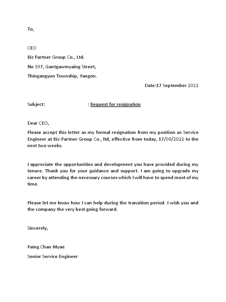 A Request to Resign from the Position of Senior Service Engineer in ...