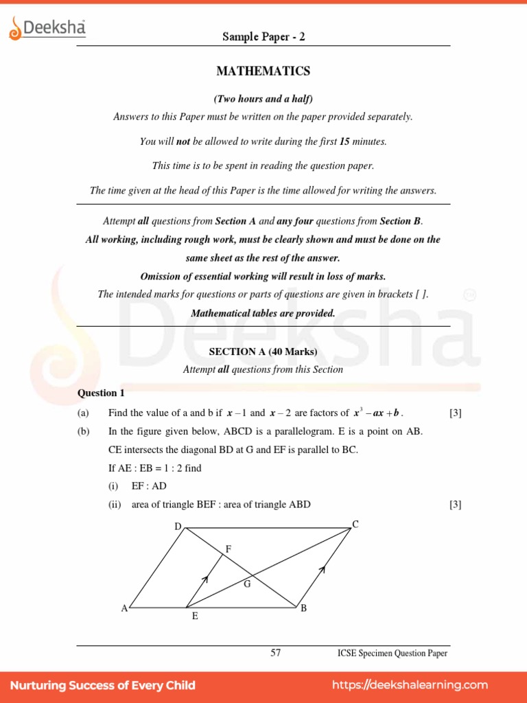 ICSE Class 10 Maths Sample Paper 2 2021 | PDF | Triangle | Circle