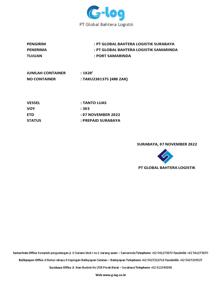 PT Global Bahtera Logistik Shipment Details | PDF