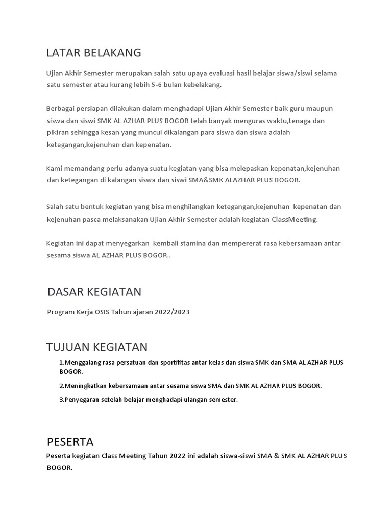 Class Meeting 2022 Al Azhar Plus Bogor | PDF