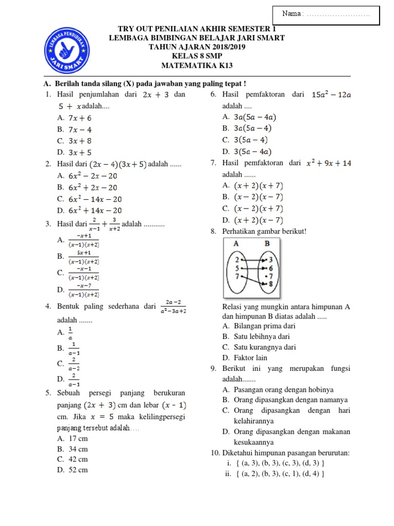 Soal Pas Matematika SMP Kelas 8 Kurikulu | PDF
