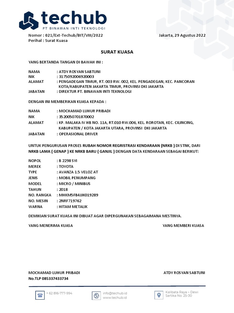 021 - Surat RUBAH NOMOR REGRISTRASI KENDARAAN (NRKB) | PDF