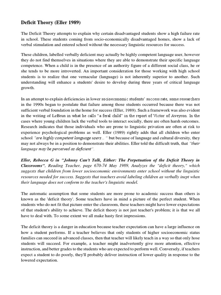 Deficit Theory & Discontinuity Theory | PDF | Teachers | Socioeconomic ...