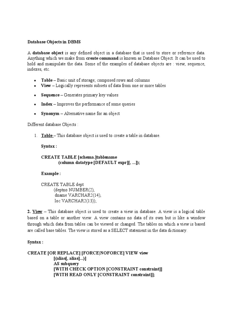 Database Objects in DBMS | PDF | Database Index | Databases Database Objects in DBMS | PDF | Database Index | Databases
