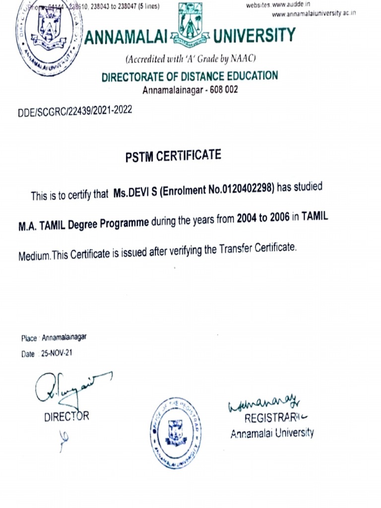 Annamalai University PSTM Certificate | PDF