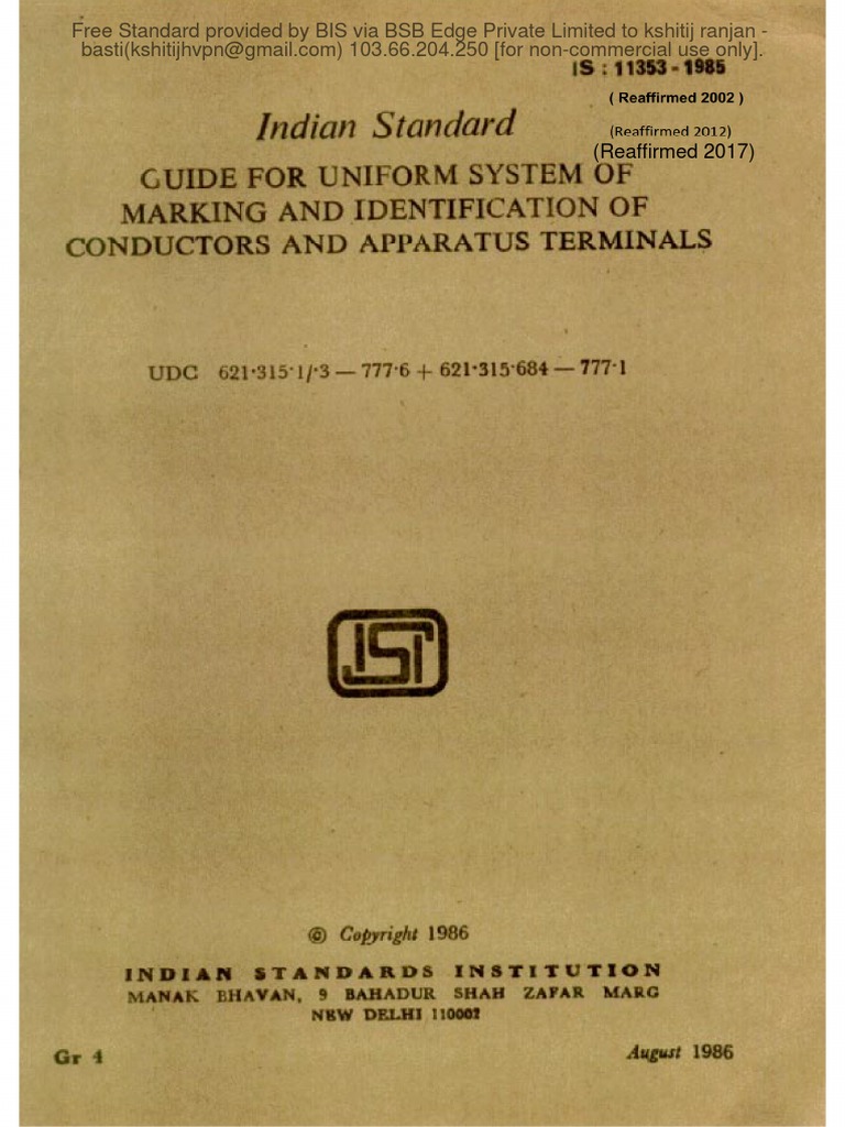 Indian Standard 11353 For Colors of Wire in CRP | PDF | Electrical ...