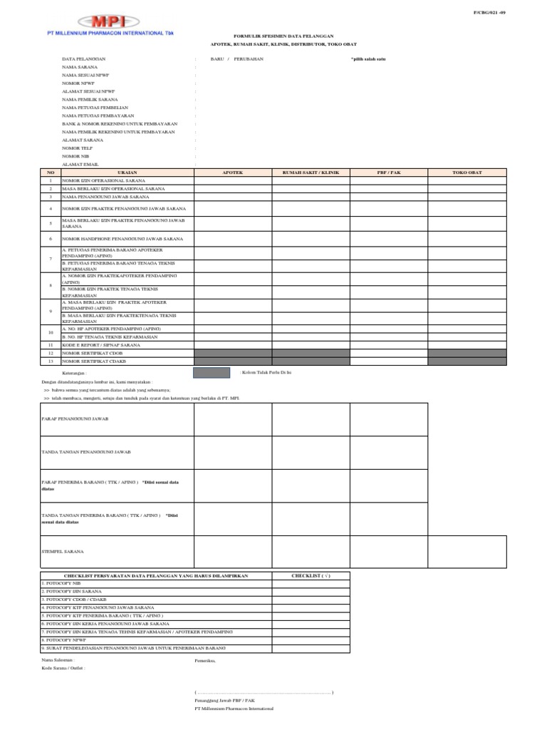 FCBG021-09 Formulir Spesimen Data Pelanggan Apotek Rumah Sakit PBF Toko ...
