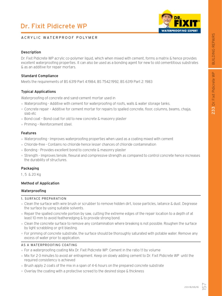 233 DR Fixit Pidicrete WP | PDF | Concrete | Cement