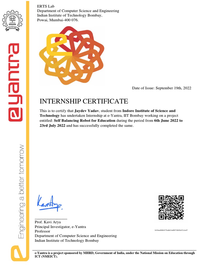 e-Yantra Internship Certificate for Jaydev Yadav | PDF | Computers