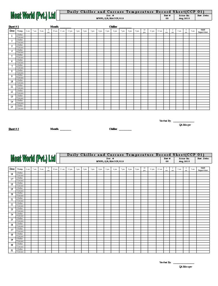 Chiller and Carcass Temp. Record Sheet, 013 | PDF | Engineering ...
