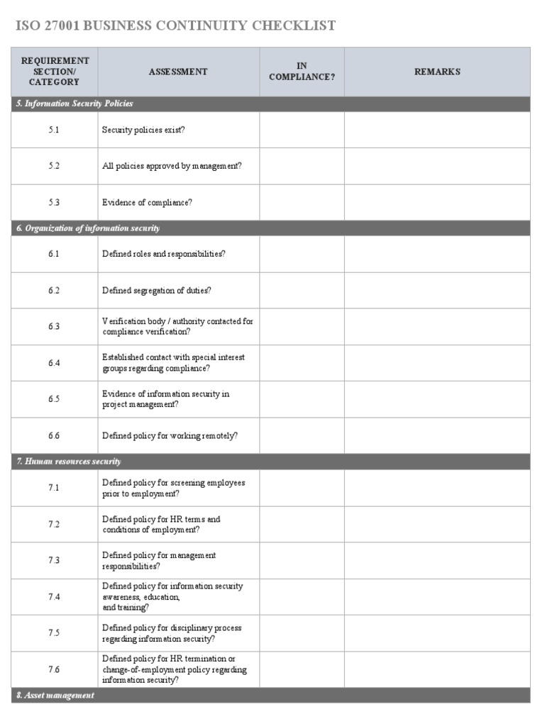 ISO 27001 Business Continuity Checklist | PDF | Information Security ...