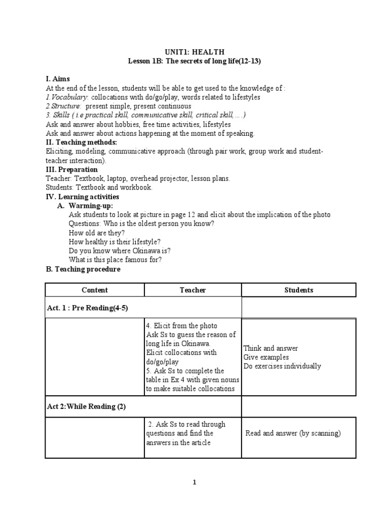 Lesson Plan U1B-LIFE - PRE INTER | PDF | Lesson Plan | Teaching Method