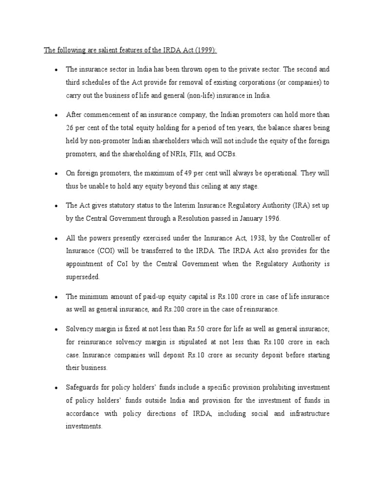 The Following Are Salient Features of The IRDA Act | PDF